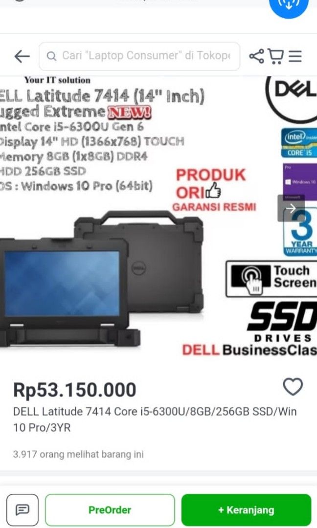 [TOUCHSCREEN] Laptop Militer Dell RUGGED 7414 V15 Core i5-6300 RAM 8Gb ...