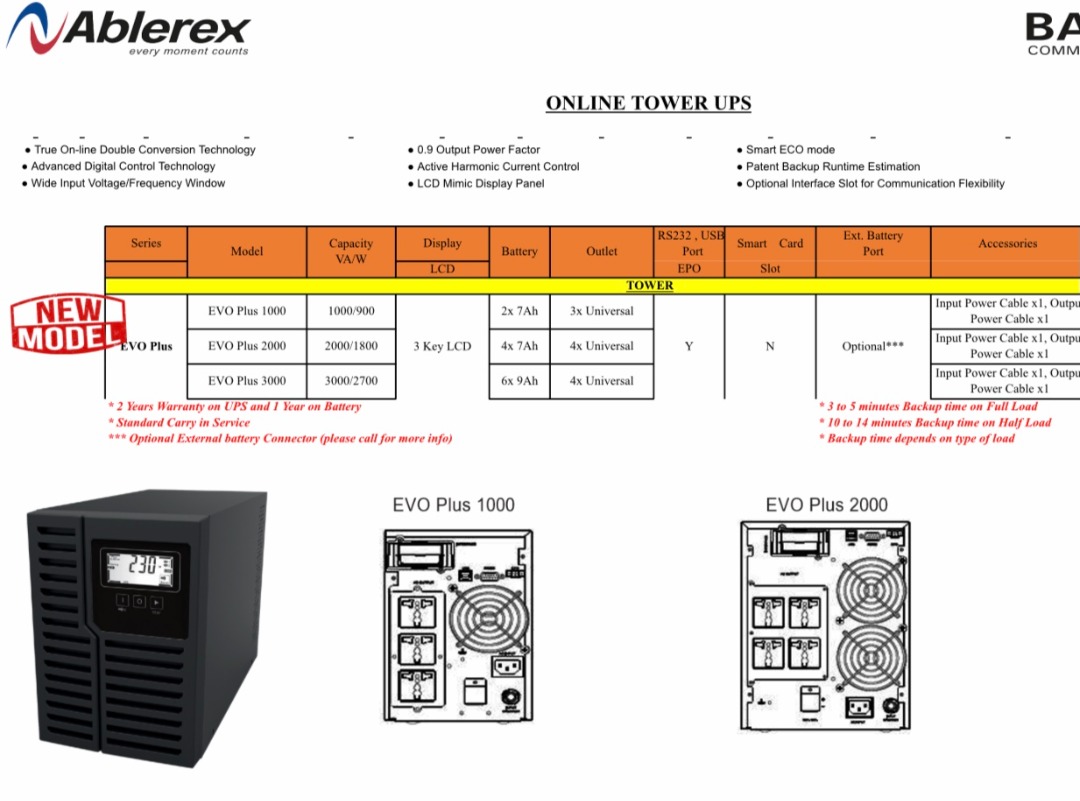 Ablerex EVO PLUS ONLINETOWER UPS 3KVA /2700WATTS, Computers & Tech ...
