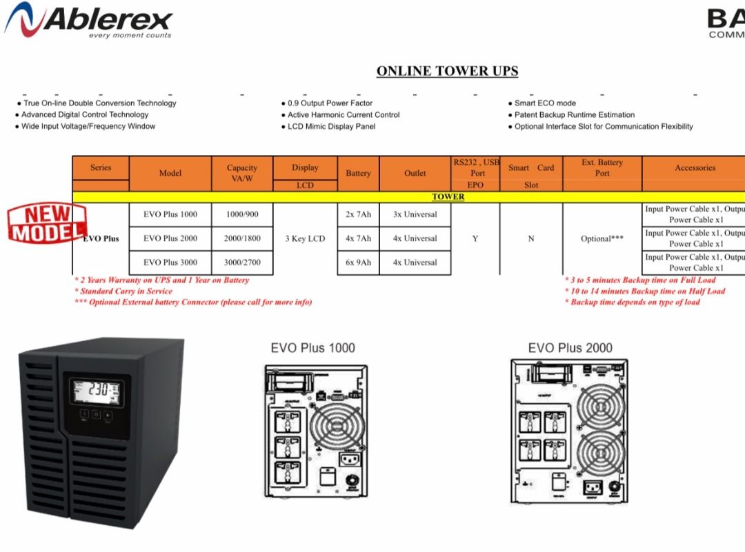 Ablerex EVO PLUS ONLINETOWER UPS 3KVA /2700WATTS, Computers & Tech, Parts & Accessories ...