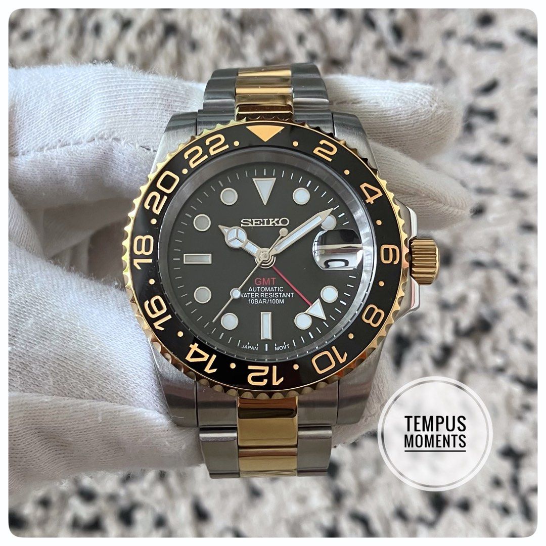 GMT Black Gold automatic watch - Seiko mod, Men's Fashion, Watches ...