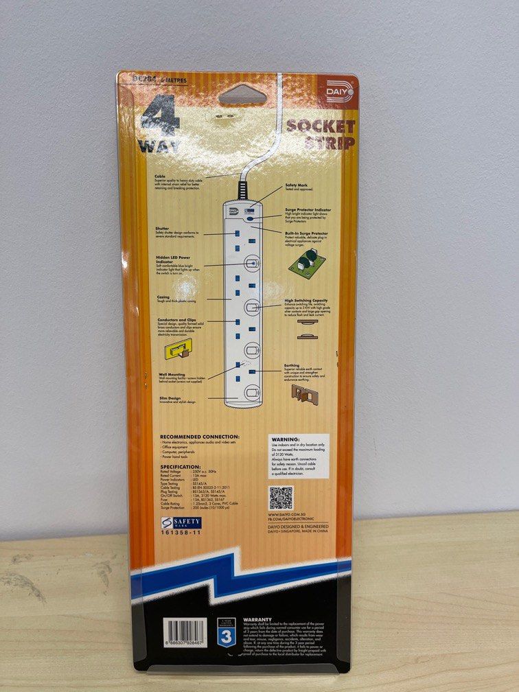 Daiyo DE284 6 Metres Extension Cord 4 way Multi Plug Socket strip with ...
