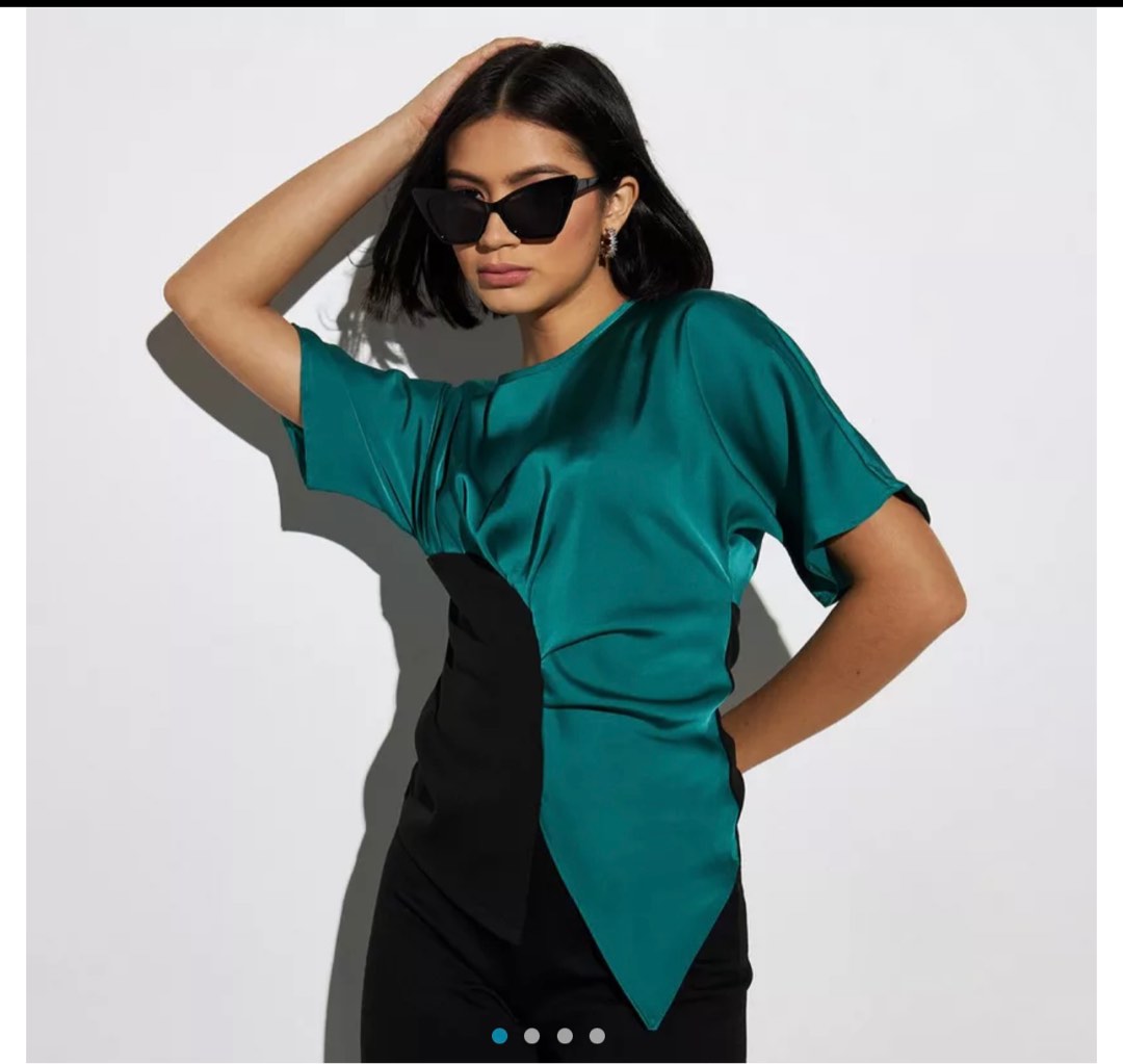 Blue Green silk fabric top, Women's Fashion, Tops, Blouses on Carousell