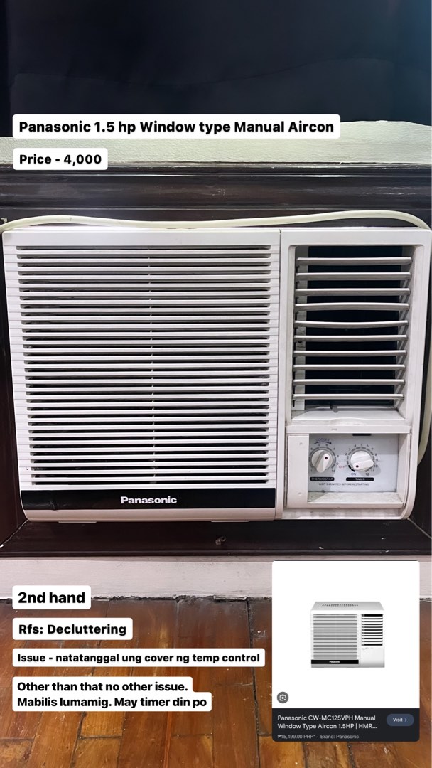 Panasonic 1.5 HP Window Type Manual Aircon, TV & Home Appliances, Air ...