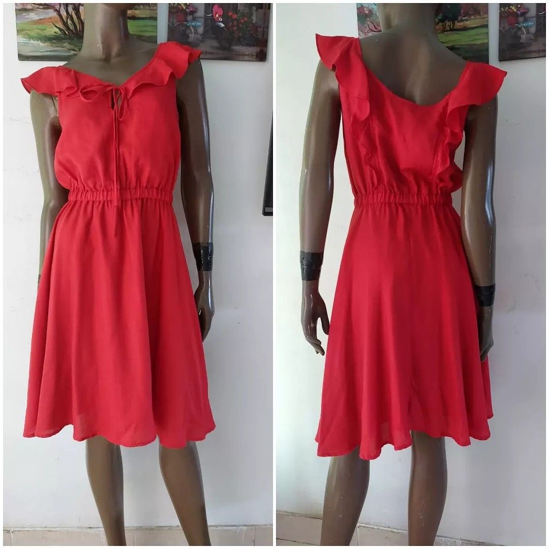Rufle red midi dress like new, Fesyen Wanita, Pakaian Wanita, Gaun ...