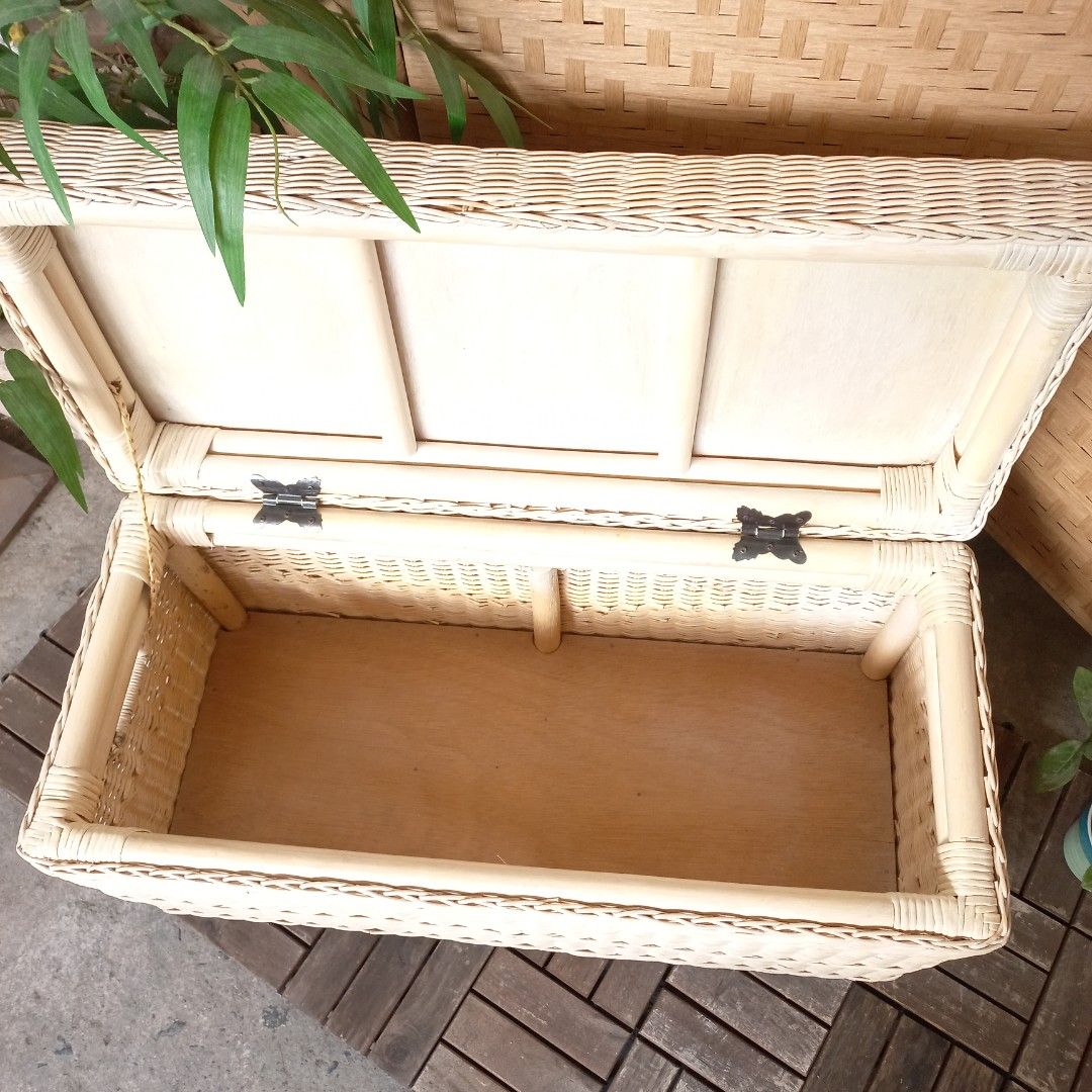 Vintage whitewash rattan wicker chest trunk storage box shabby chic ...