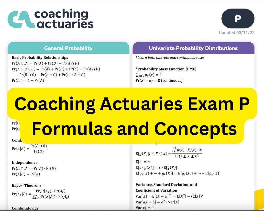 Coaching Actuaries SOA Exam P (Probability) Formula Sheet, Hobbies ...