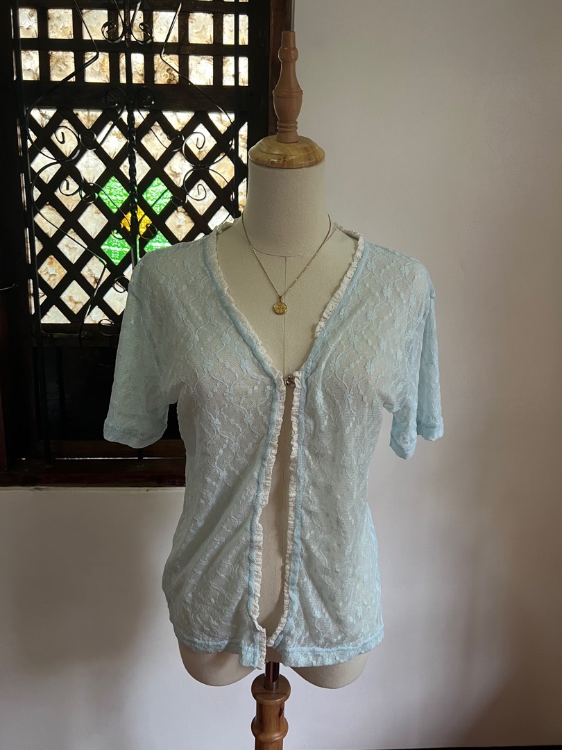 Pastel Blue Lace Cottage-core Top, Women's Fashion, Tops, Blouses on ...