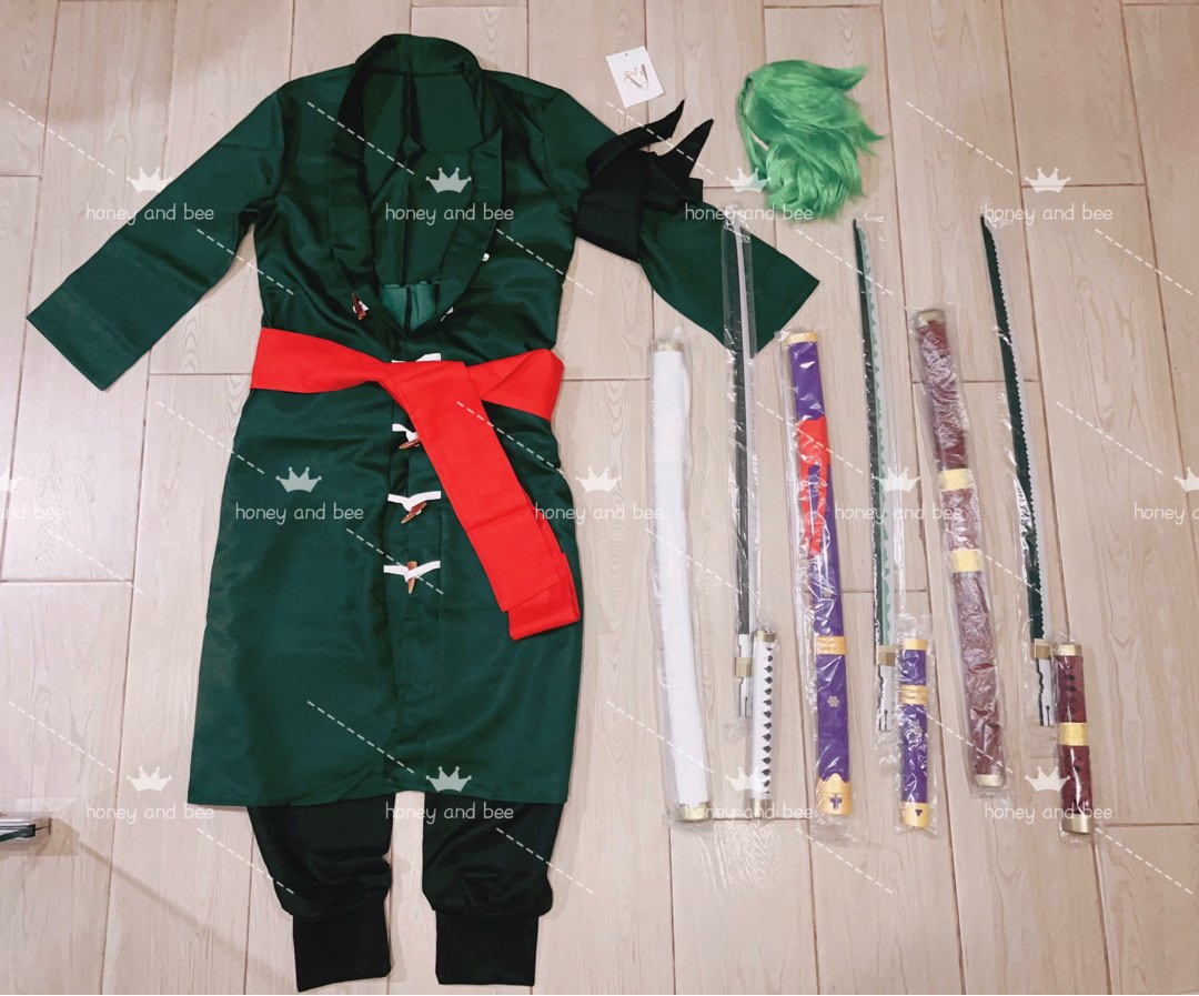 One Piece Zoro Cosplay Timeskip Costume Top Robe Sash Pants Wig Sword ...