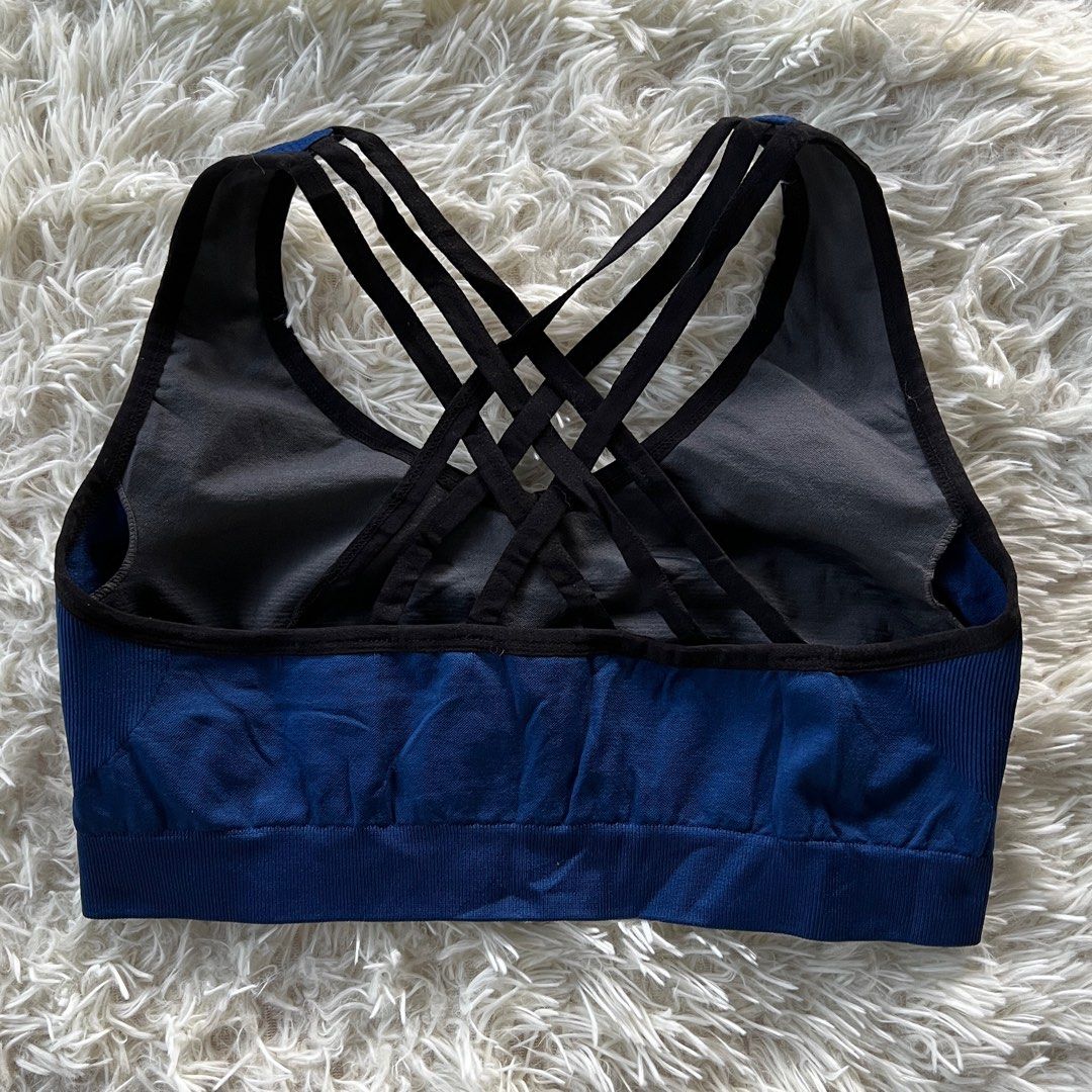 Midnight Blue Padded Sports Bra with Black Piping and Strappy Back ...
