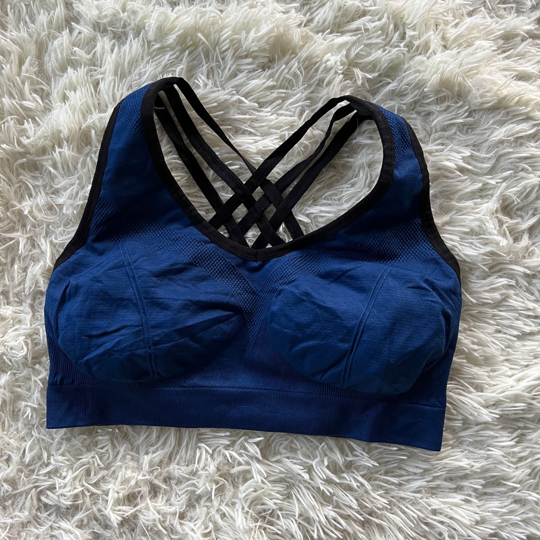 Midnight Blue Padded Sports Bra with Black Piping and Strappy Back ...