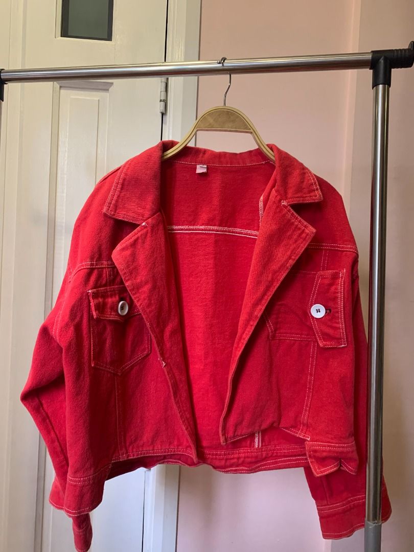 Red Denim Jacket, Women's Fashion, Coats, Jackets and Outerwear on ...