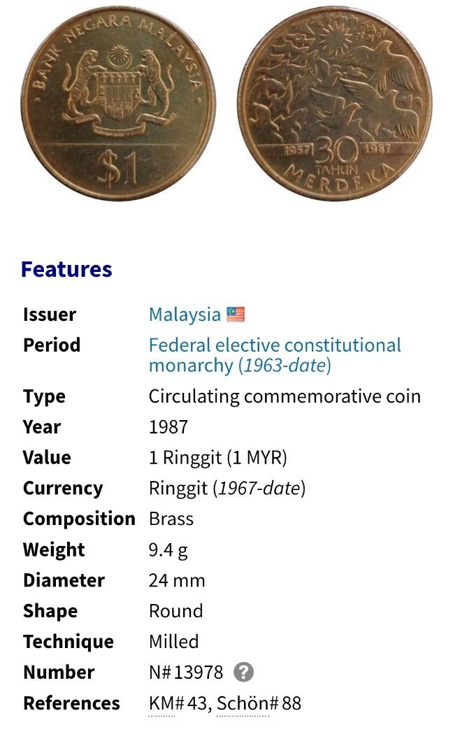 1987, rm1 merdeka commemorative coin, Hobbies & Toys, Collectibles ...