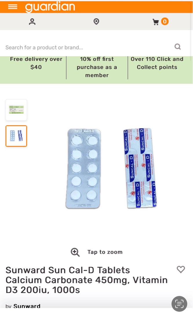 69*10 Sunward Sun Cal-D Tablets Calcium Carbonate 450mg, Vitamin D3 ...