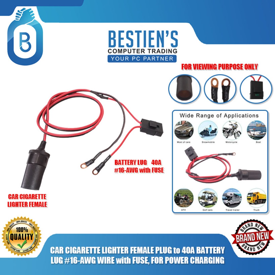 CAR CIGARETTE LIGHTER FEMALE PLUG to 40A BATTERY LUG #16-AWG WIRE with ...