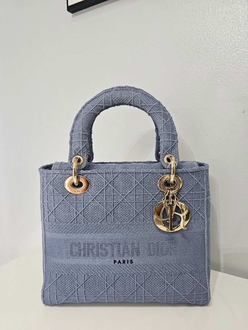 Christian Dior Lady D-Lite Blue Medium in Canvas Embroidered Cannage ...