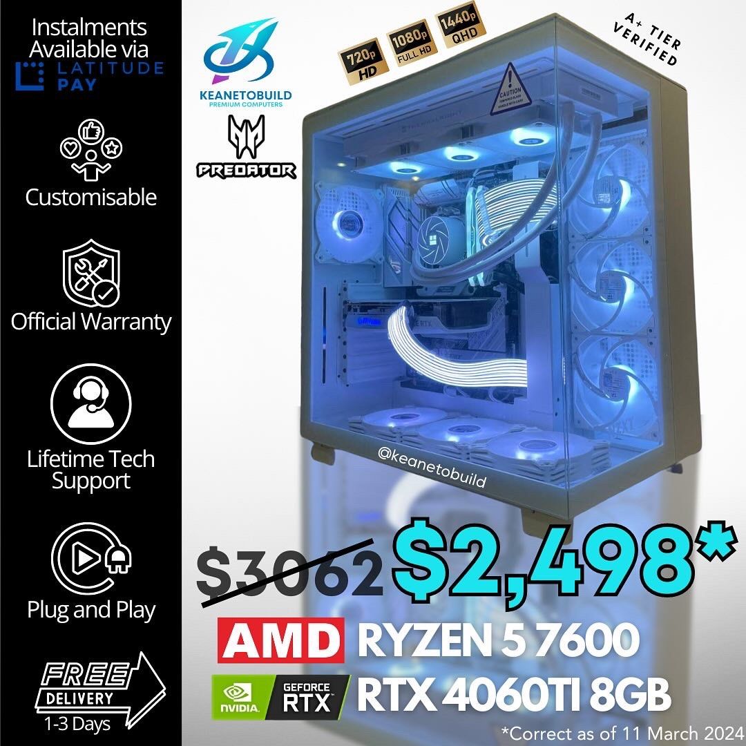 Custom Gaming PC Budget Computer Desktop Ryzen 5 7600 + RTX 4060 TI 8GB ...