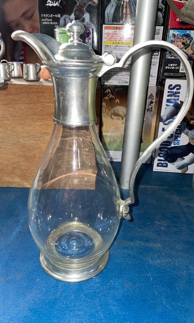ENGLAND UK MILK SOYA/ JUICE THICK HEAVY GLASS PITCHER SET WITH SILVER ...
