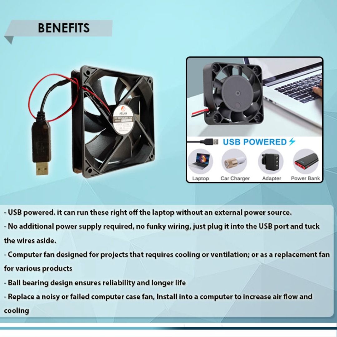 ALLAN DC BRUSHLESS FAN to USB MALE PORT 5V, 9V, 12V (1-PC per ORDER), 0 ...