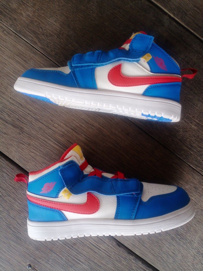 Nike Air Jordan 1 Mid Velcro Doraemon, Fesyen Wanita, Sepatu di Carousell