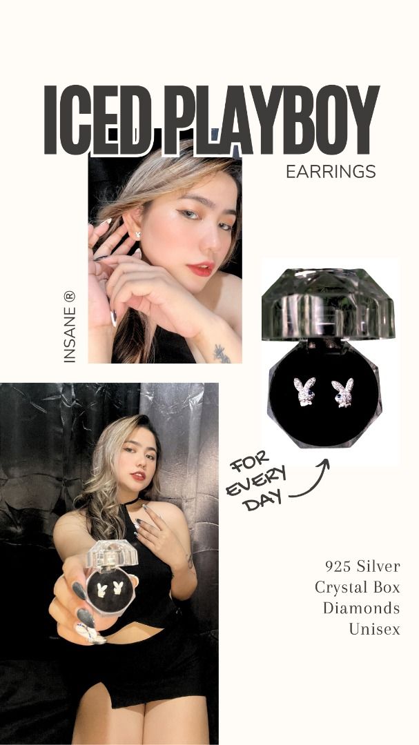 SILVER ICED PLAYBOY STUD EARRING , Women's Fashion, Jewelry & Organizers, Earrings on Carousell