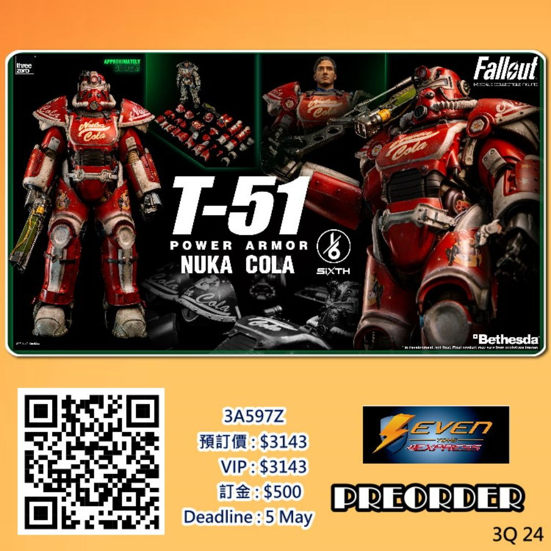 【預訂】Threezero: 1/6 Fallout T-51 Nuka Cola Power Armor 異塵餘生 T-51核子可樂動力裝甲 @SevenToys, 預購 - Carousell