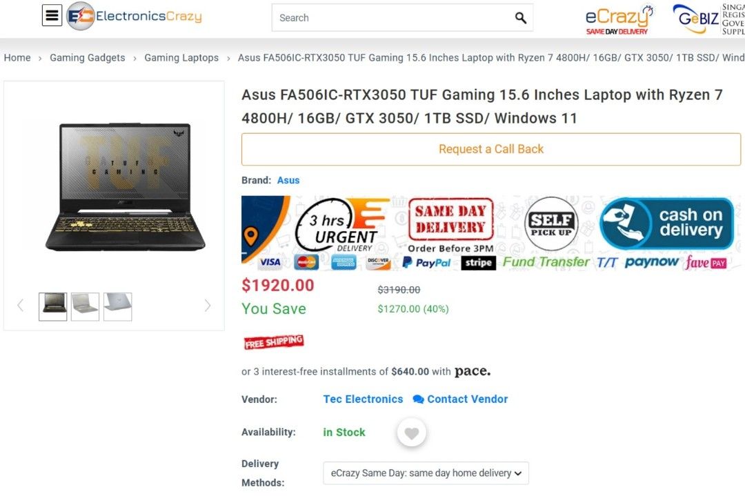 (U.P $2000) Asus TUF A15 Gaming Ryzen 7 4800H|NVIDIA RTX 3050|16GB DDR4 ...