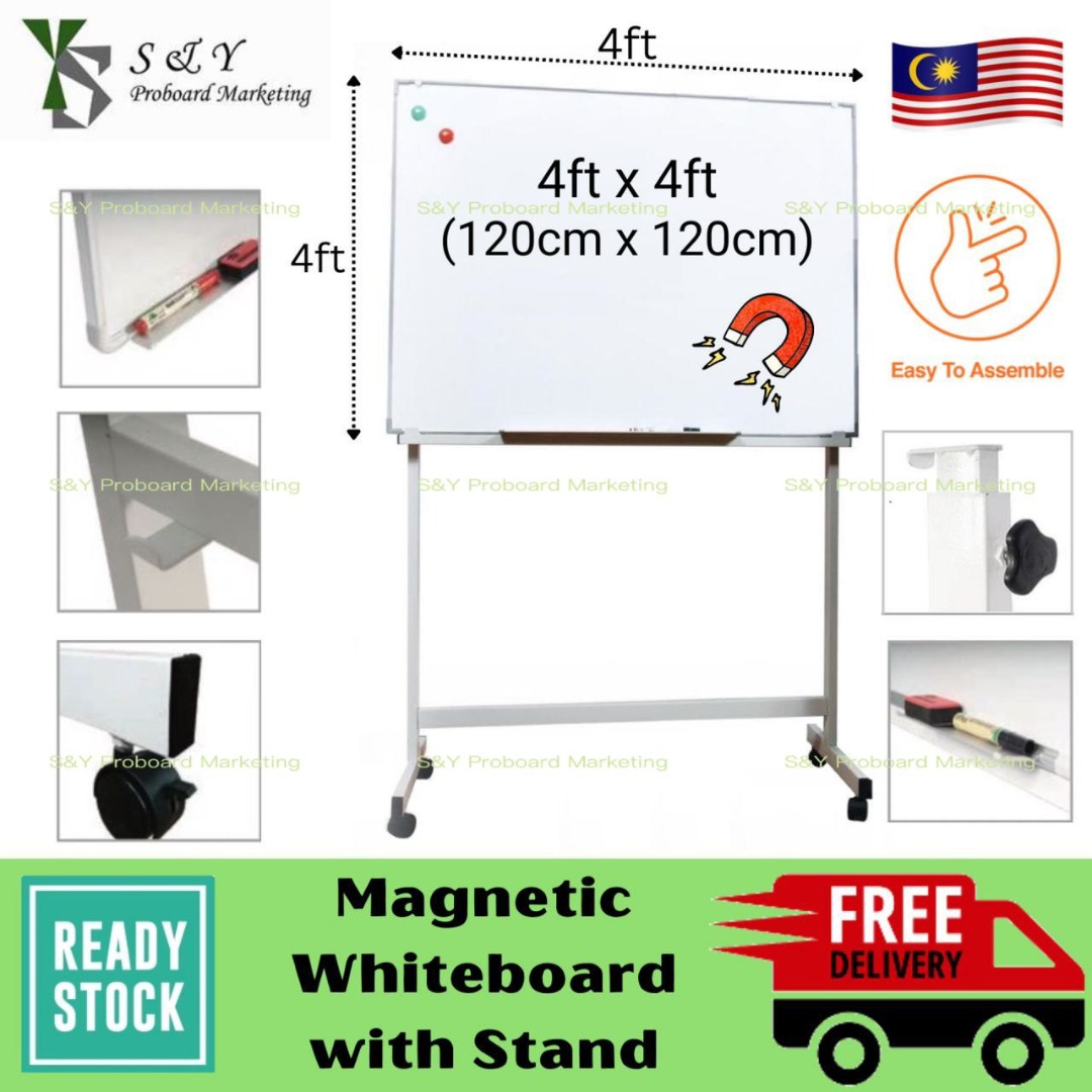 4x4 Magnetic Whiteboard with Stand Size White Board, Hobbies & Toys ...