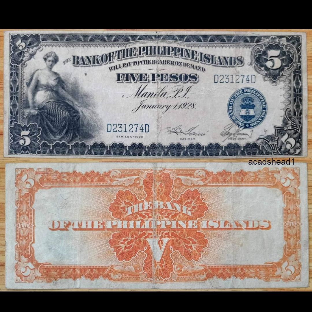 RARE 5 pesos 1928 Bank of the Philippine Islands BPI Old Rare Money ...