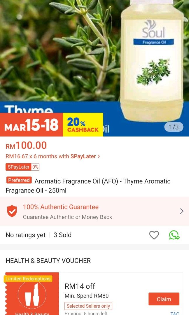 Aromatic Fragrance Oil (AFO) - Thyme 250ml, Beauty & Personal Care, Fragrance & Deodorants on ...