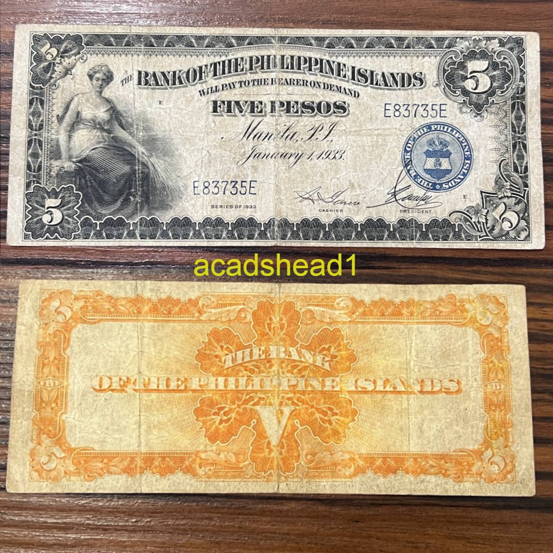 BPI 1933 5 Pesos Bank of the Philippine Islands Banknotes Old Bills ...
