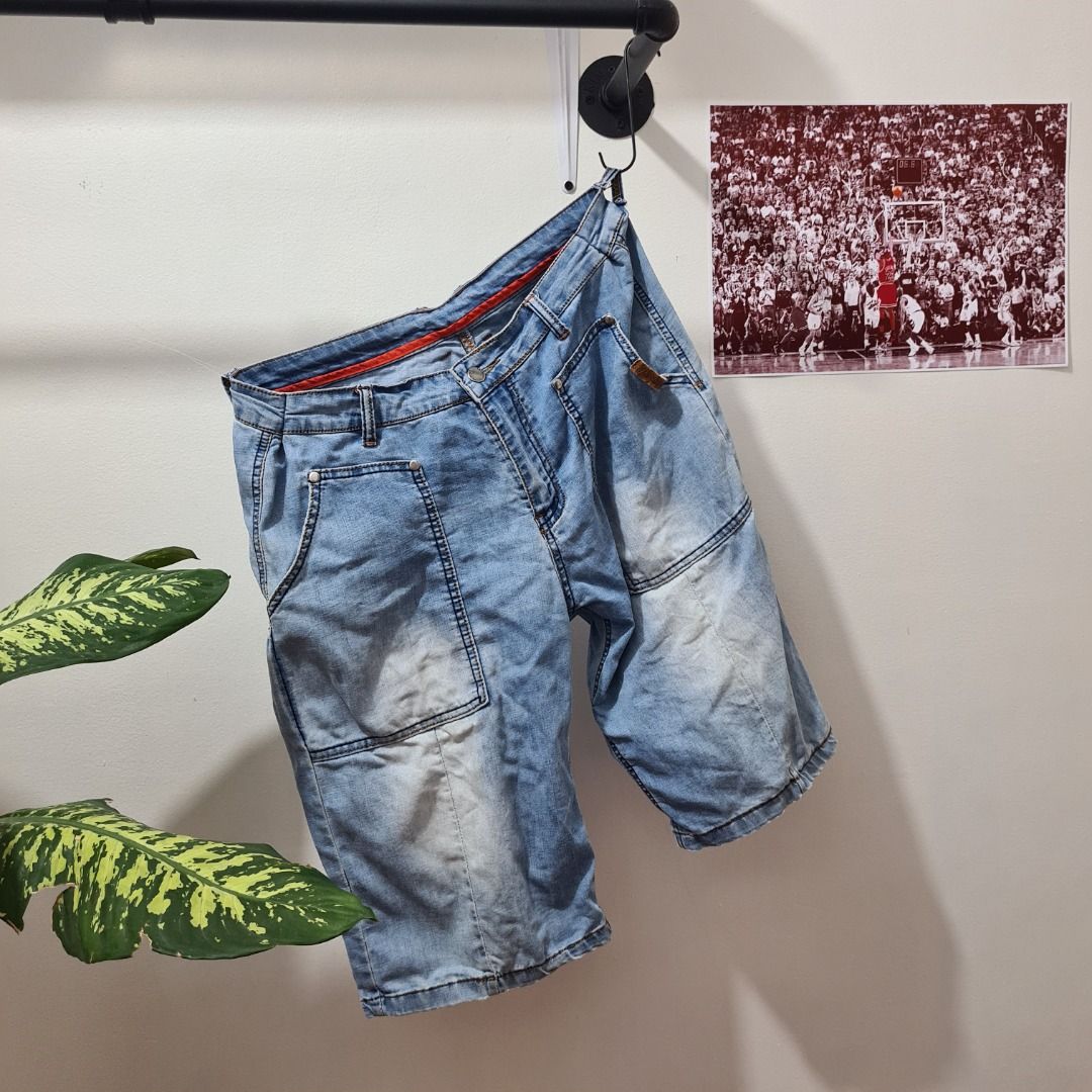 Double Knee Pocket Inspired Light Washed Blue Jorts, Men's Fashion ...