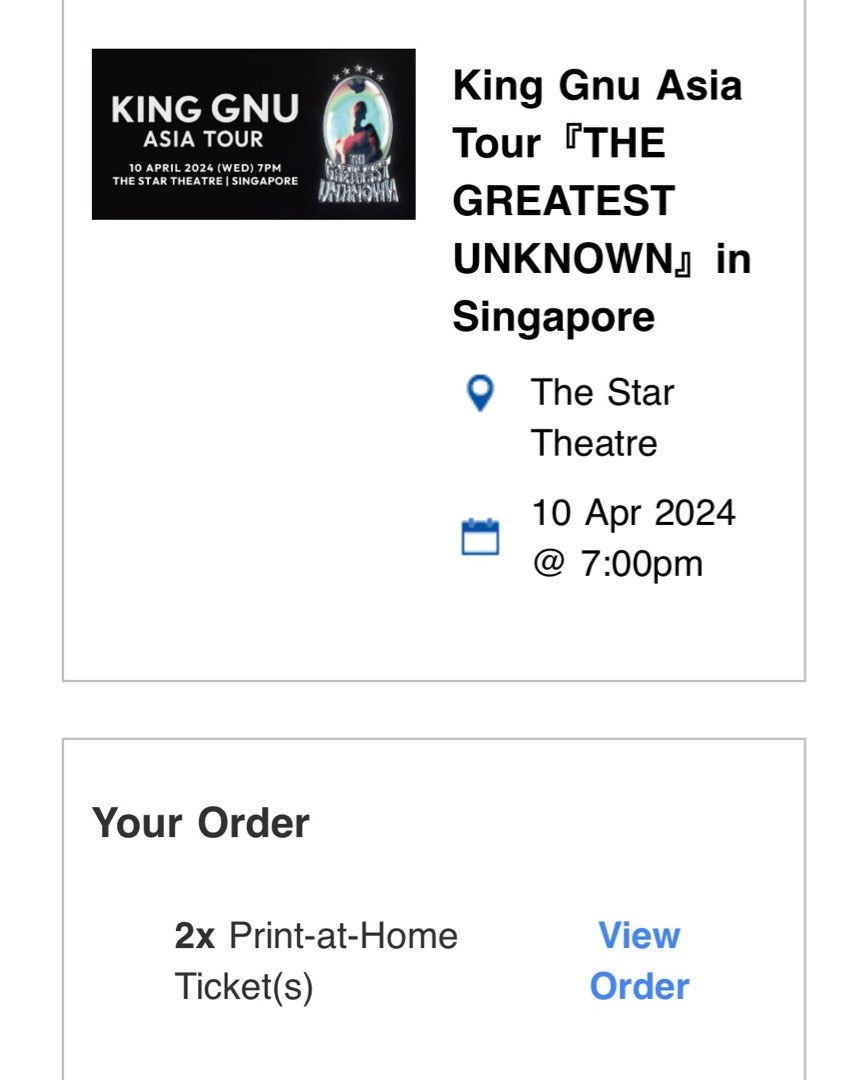 King Gnu Asia Tour, 10 April 2024 concert ticket Cat 3 section K, Tickets & Vouchers, Event ...