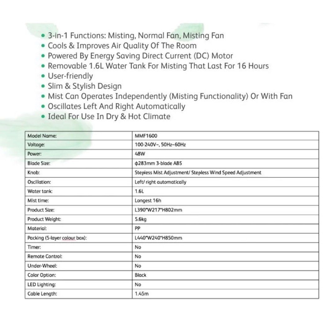 Mistral DC Mist Fan 3-In-1 Function Water Tank (1.6L) MMF1600, TV ...