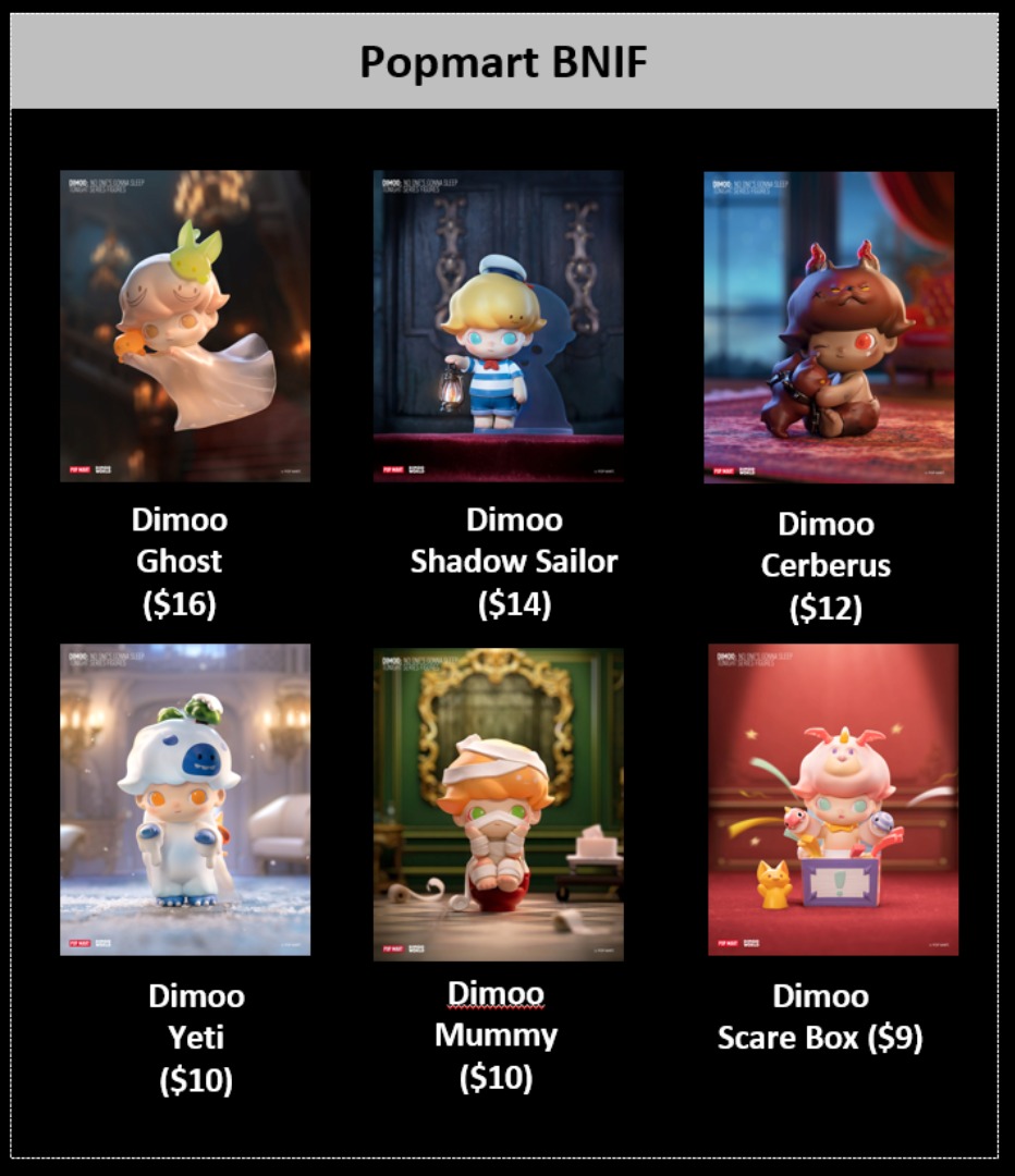Popmart Dimoo ghost , shadow sailor, cerebus , yeti, mummy, scare box ...