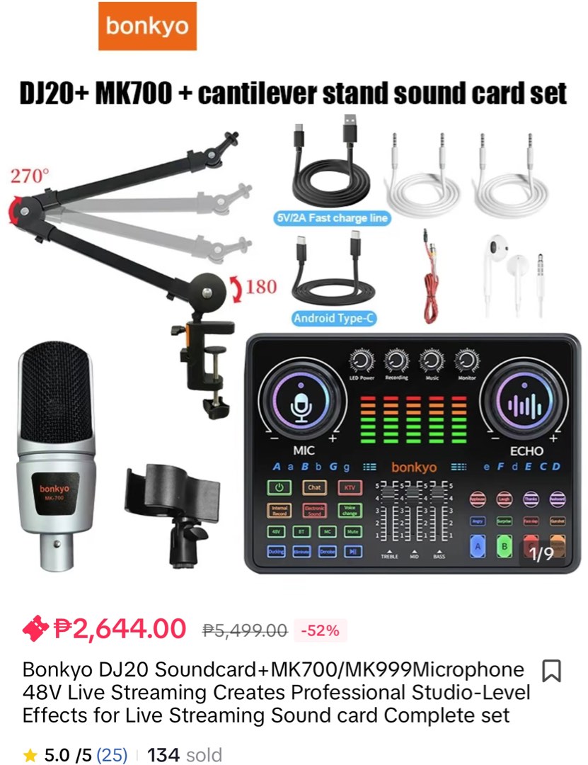 Bonkyo DJ20 Soundcard+MK700/MK999Microphone 48V Live Streaming Creates ...