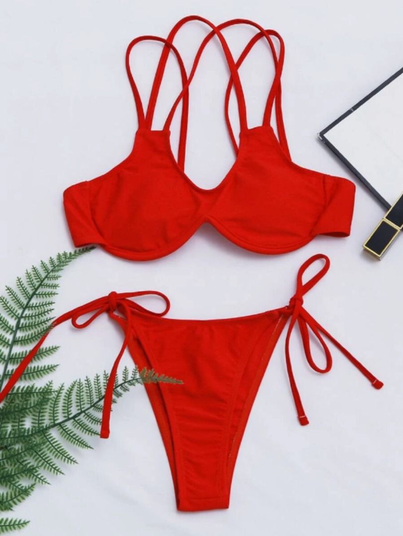 Red Bikini Push Up Strappy Swimsuit Cross Bandage Swimwear Bather ...