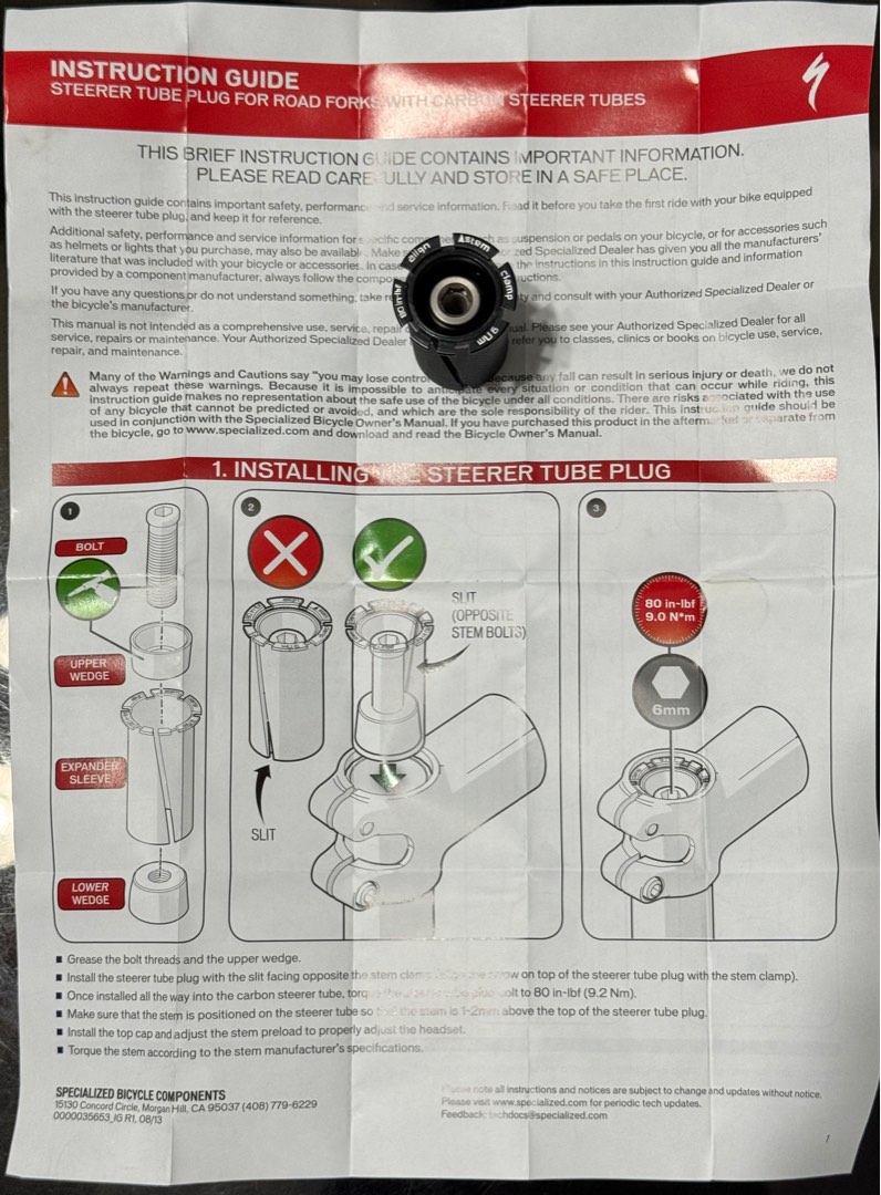 Specialized Expander Plug for carbon fork, Sports Equipment, Bicycles ...