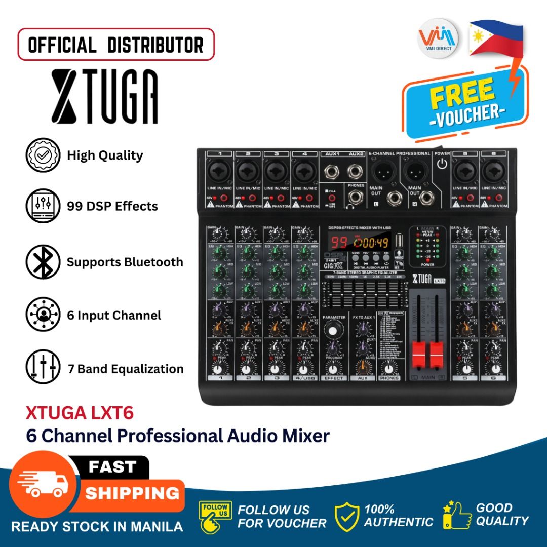 XTUGA LXT6 DJ Mixer 6 Channel Multipurpose Professional Audio Mixer Support Bluetooth USB MP3 ...