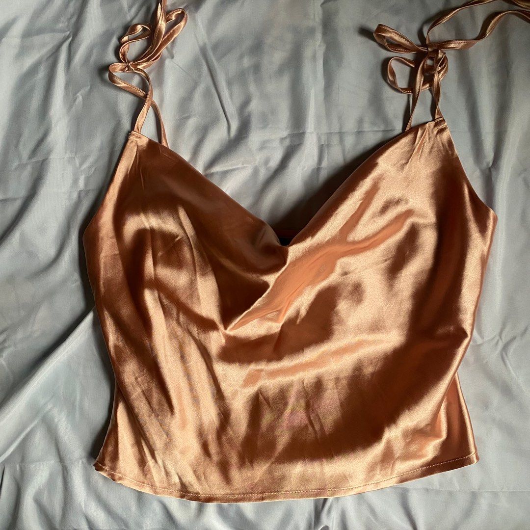golden satin top, Women's Fashion, Tops, Other Tops on Carousell