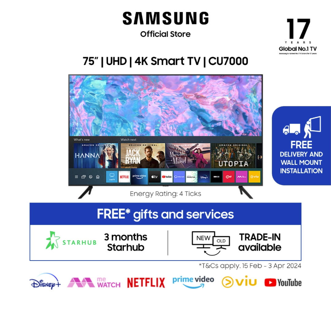 Samsung 75" CU7000 UHD 4K Smart TV (2023) 4 Ticks [Ships from 29 Mar ...