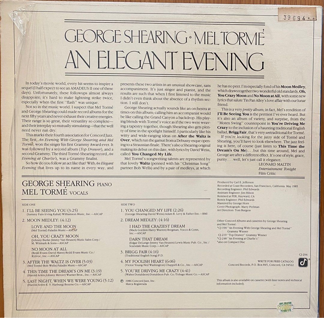 Vinyl / LP: jazz, piano, AUDIOPHILE- George Shearing Mel Torme An ...