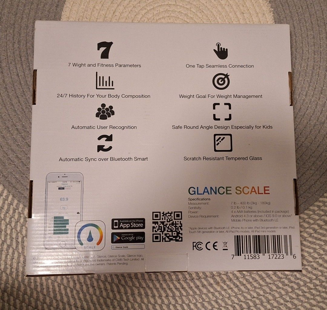 全新藍牙電子磅 體脂體重健康監測儀 BMI CWB TECH Glance Body Scale Bluetooth, 健康及營養食用品 ...