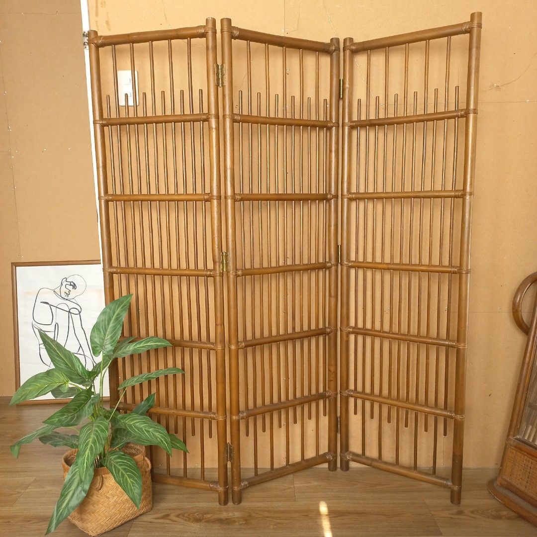 Midcentury modern bamboo folding 3 panel room divider partition ...