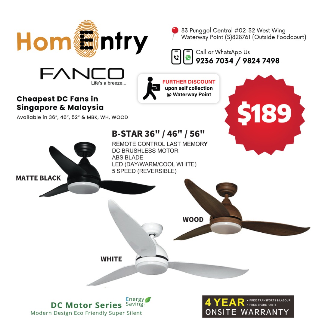 Fanco 3 blades 36" / 46" / 52" LED ceiling fans available in Matt Black ...
