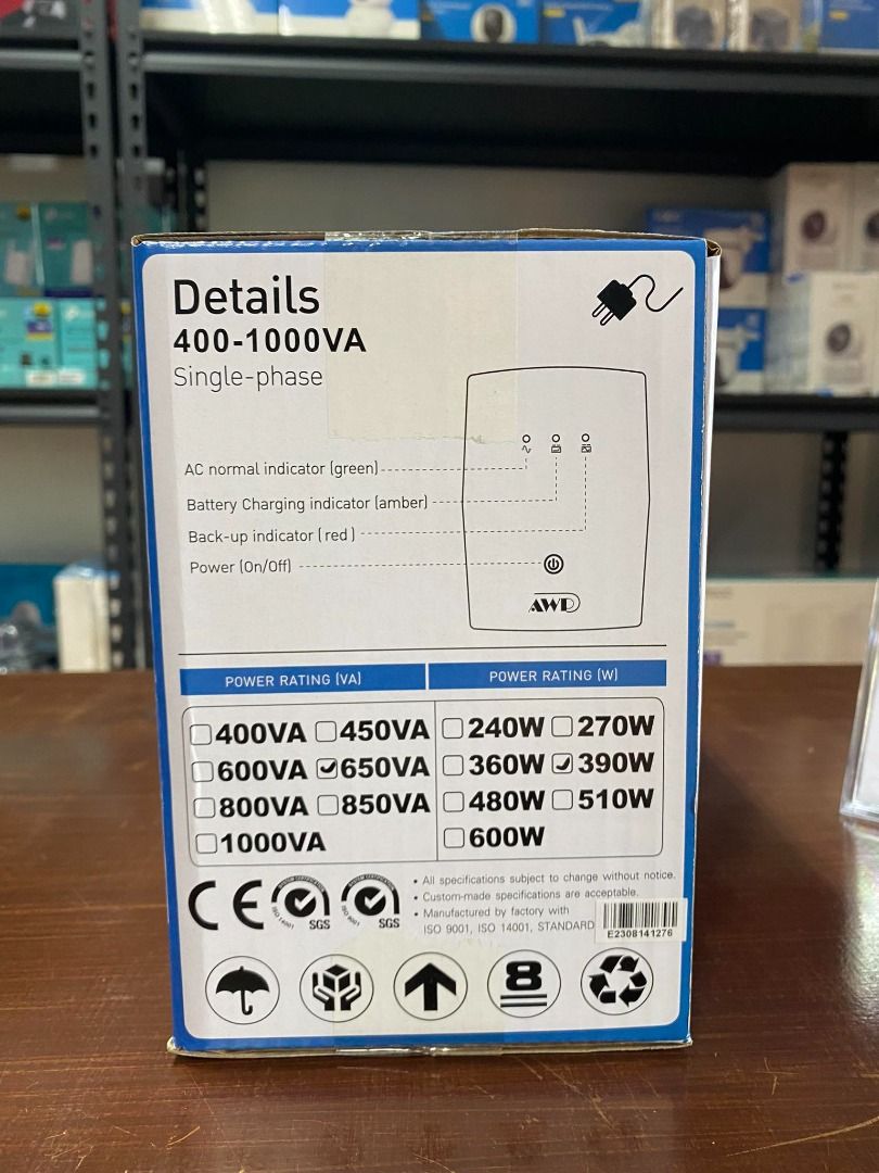 AWP AID650 UPS 650VA/390W Line Interactive 4 Sockets LED Indicators ...