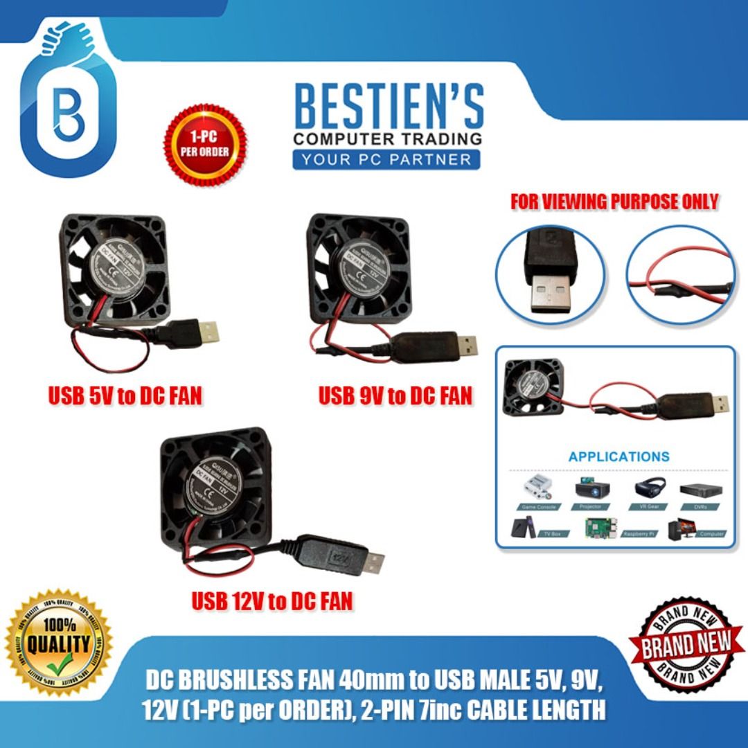 DC BRUSHLESS FAN 40mm to USB MALE 5V, 9V, 12V (1-PC per ORDER), 2-PIN ...