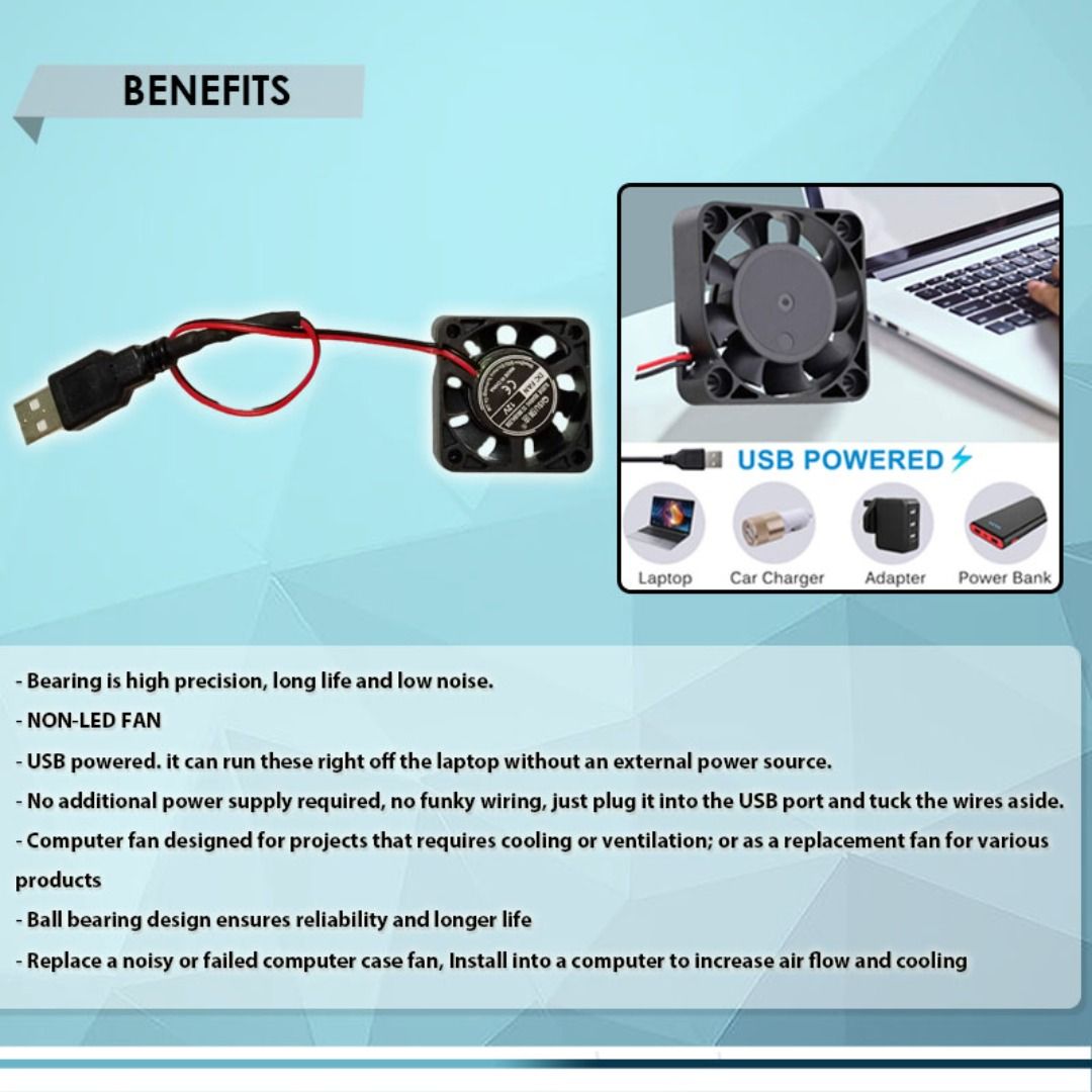 DC BRUSHLESS FAN 40mm to USB MALE 5V, 9V, 12V (1-PC per ORDER), 2-PIN ...