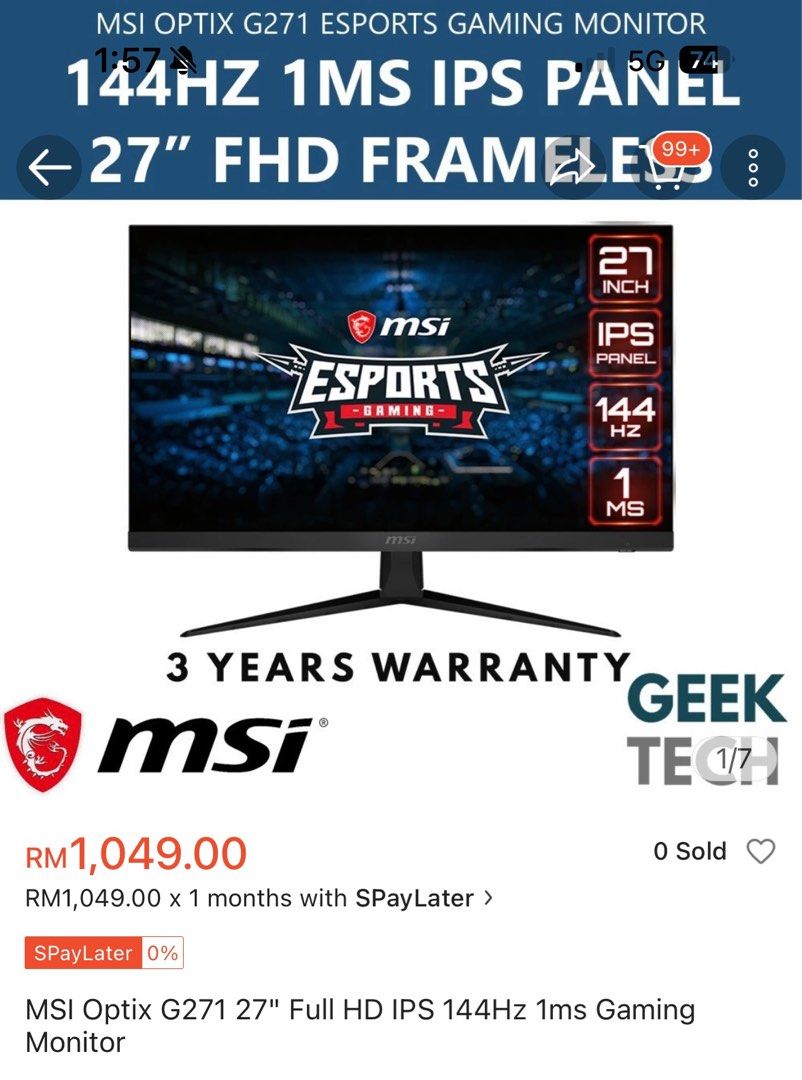 MSI G271 gaming monitor Full HD IPS, Computers & Tech, Parts ...