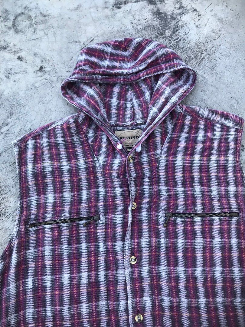 Vintage 90s Flannel Hoodie Vest By Rewind, Fesyen Pria, Pakaian ...