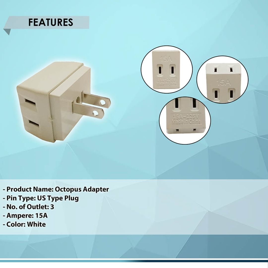 OCTOPUS ADAPTER TRIPLE TAP to FLAT PIN US PLUG ADAPTER OUTLET, 15A ...